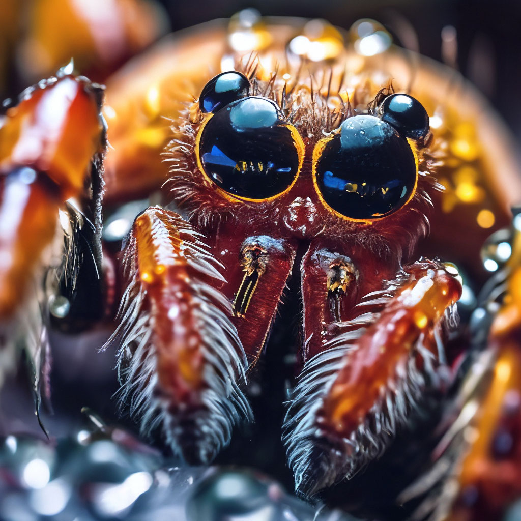 "Professional photo macro eyes of a tarantula spider bristles dewdrops ...