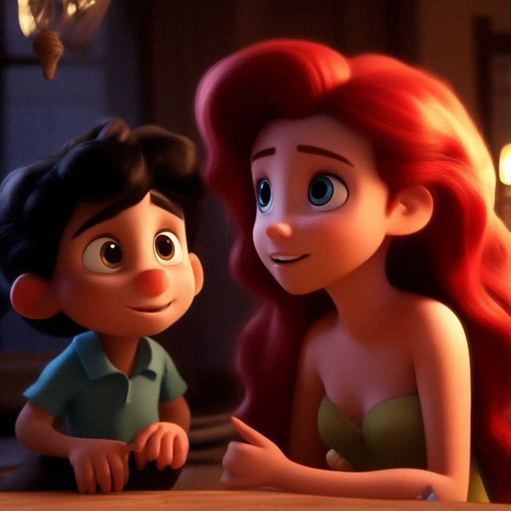 "Luca and the little mermaid Ariel ,Disney, Pixar" — image created in ...