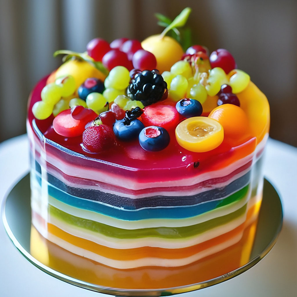 "Jelly cake with multicolored layers, cream on top, and marmalade ...