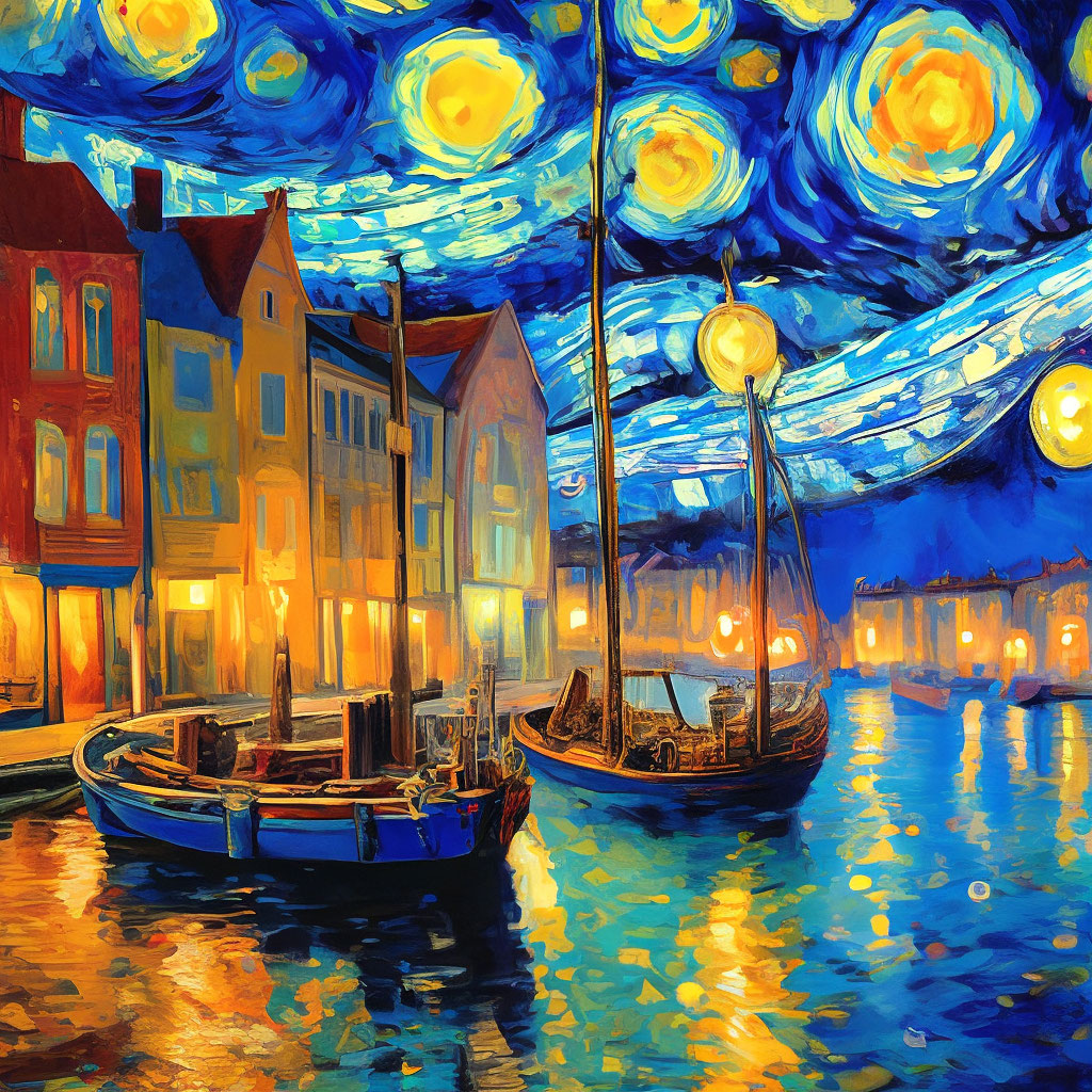 "Night sky, city, sea, old port, old captain, in the style of Van Gogh ...