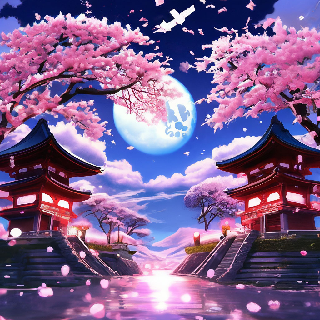 "Japanese anime arch. Sakura petals are flying . Night.The moon is ...