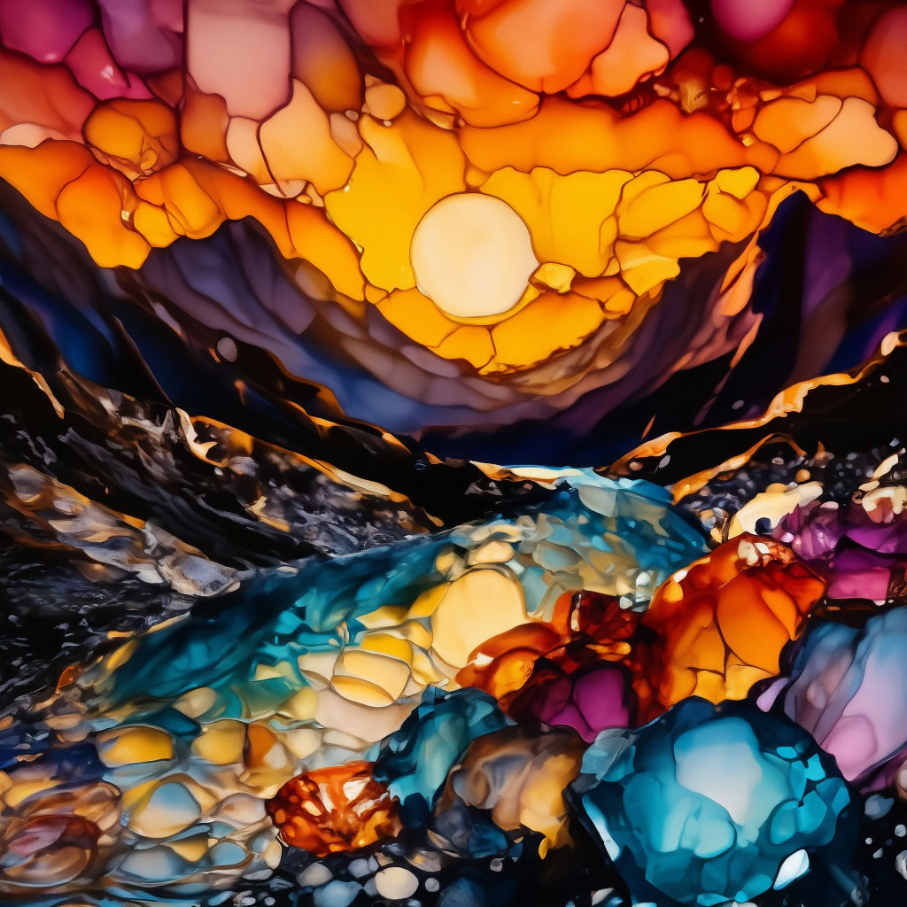 "Crystals at sunset, alcohol ink, glitter, sequins, bright lighting ...