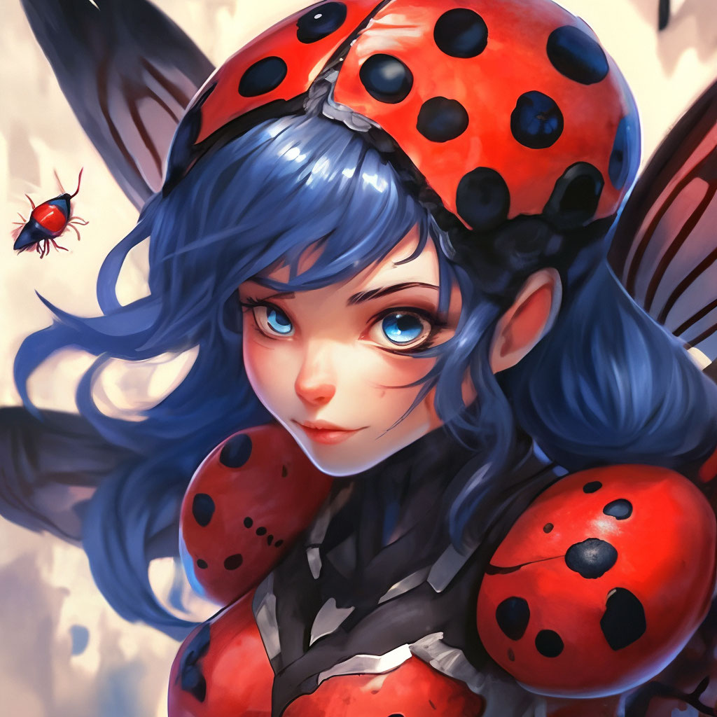 " Ladybug girl , mortal combat style,top view,red and black speck ...