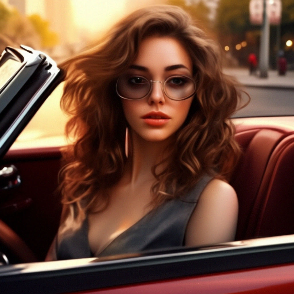 "Beautiful girl in a convertible,realistic" — image created in Shedevrum