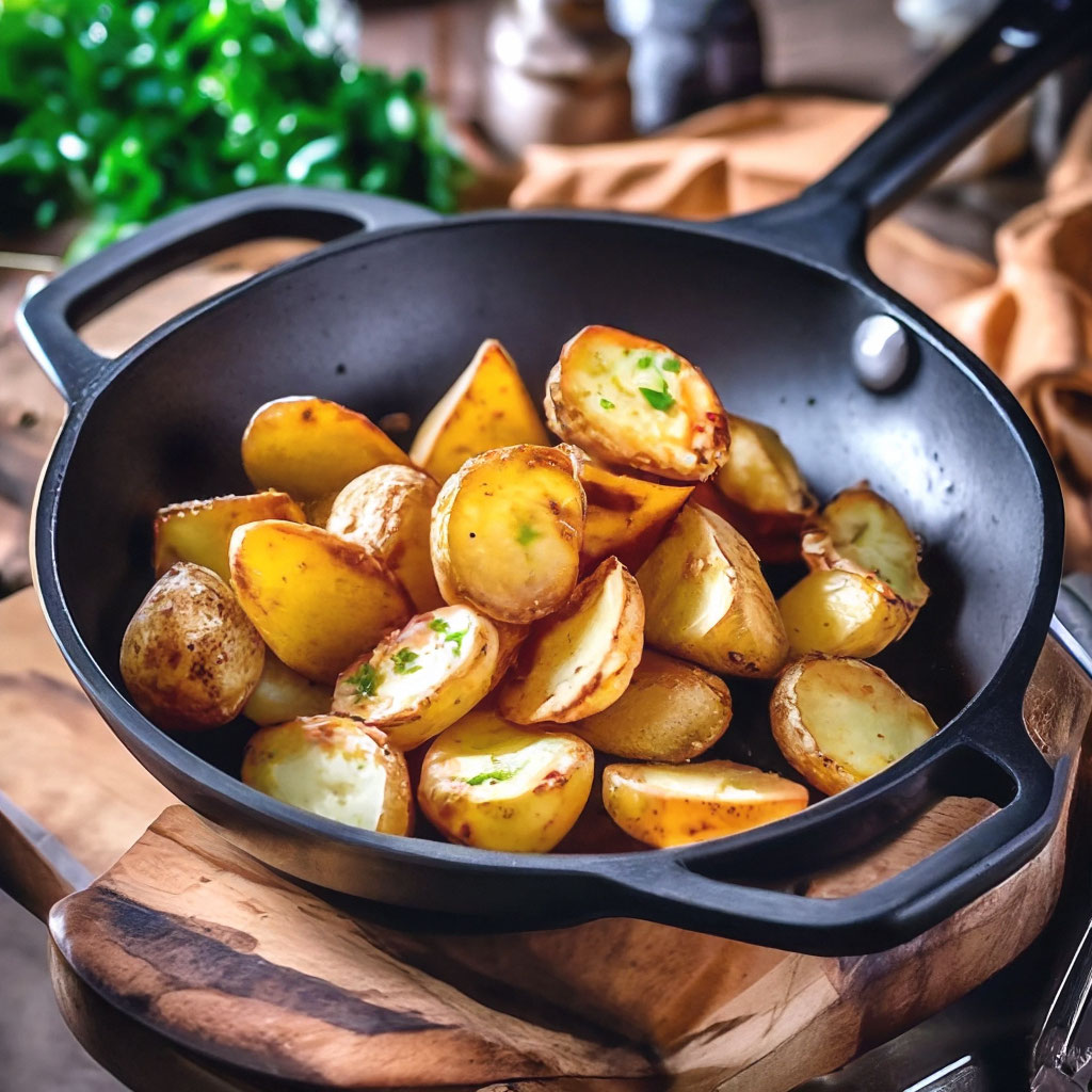"Homemade fried potatoes in a frying pan" — image created in Shedevrum