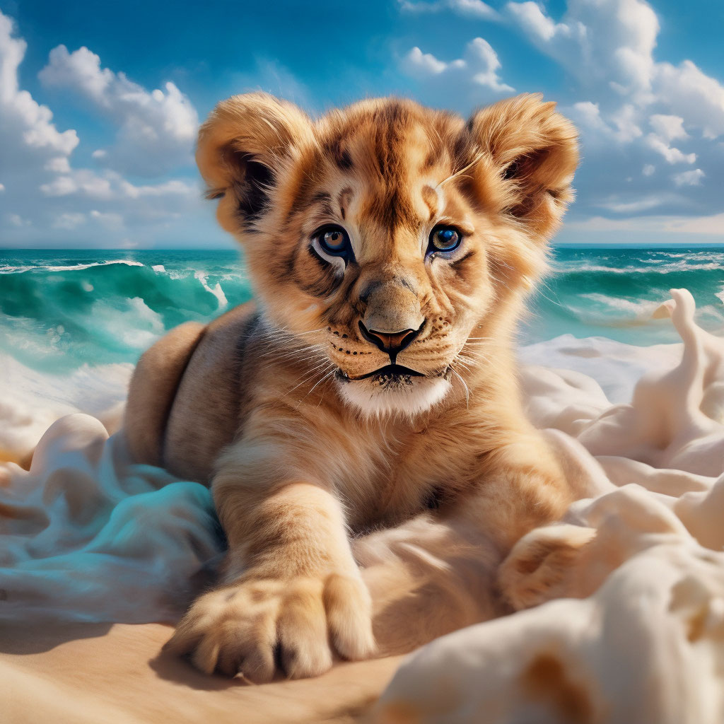 "A lion cub on the sea sand. hyperrealism,hyper detail, seashore, white ...