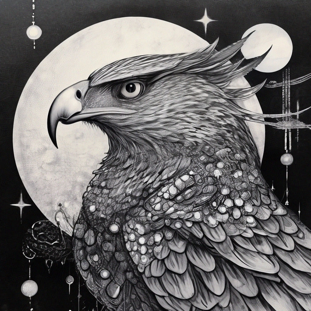 "A bizarre, fantastic, mystical moon hawk fantasy, portrait, animalism ...