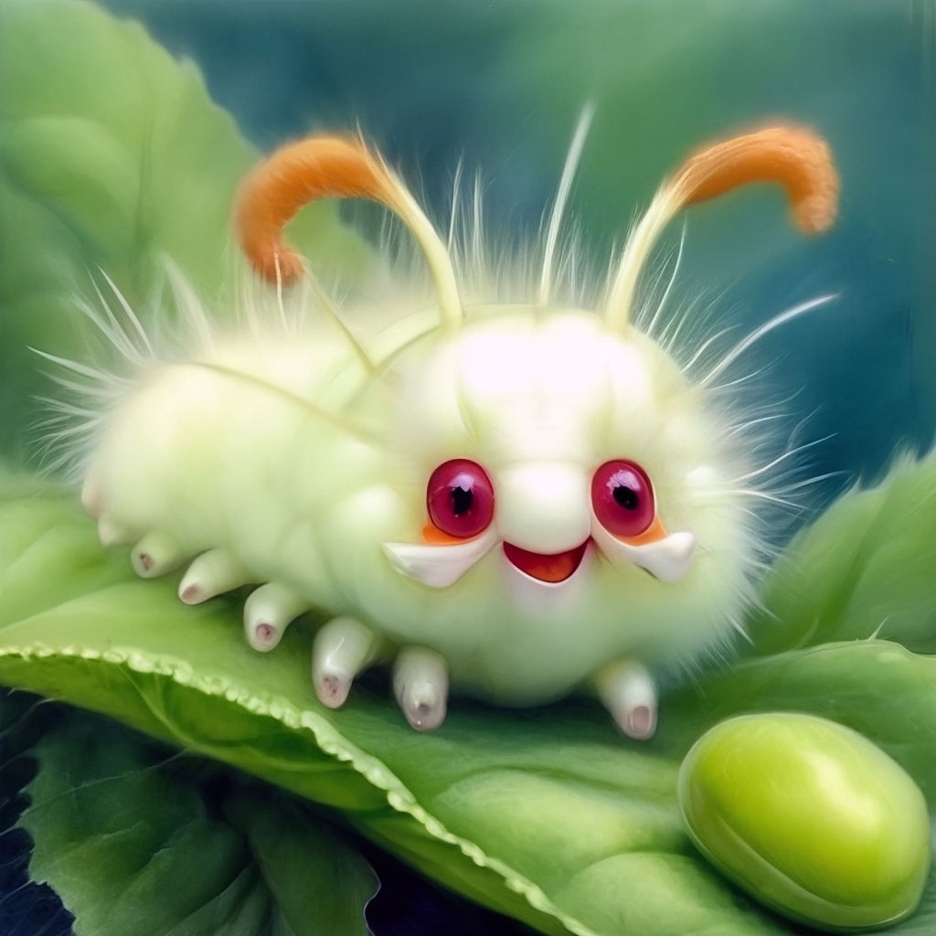"Cartoon albino caterpillar with a baby face, very fluffy with a sweet ...