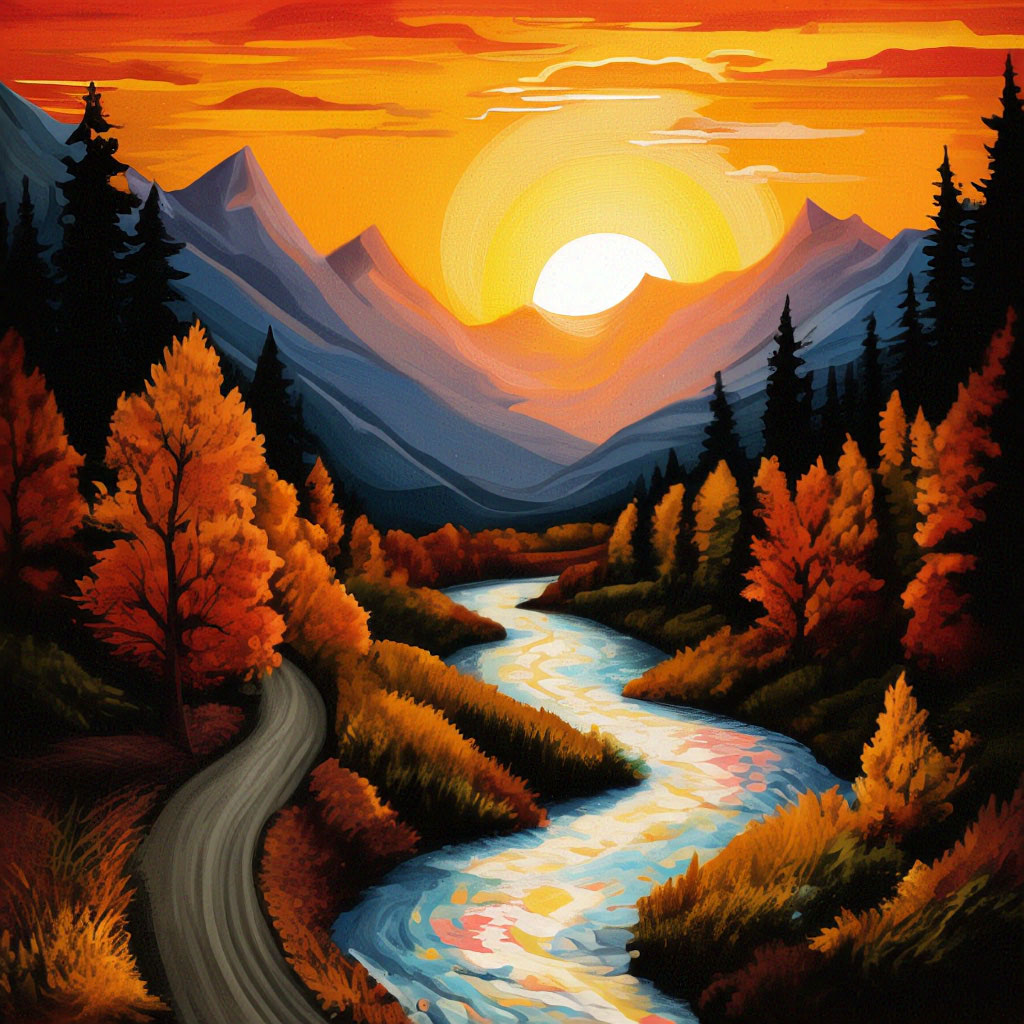 "🗻 Landscape in the izonit technique. The road along the river between ...