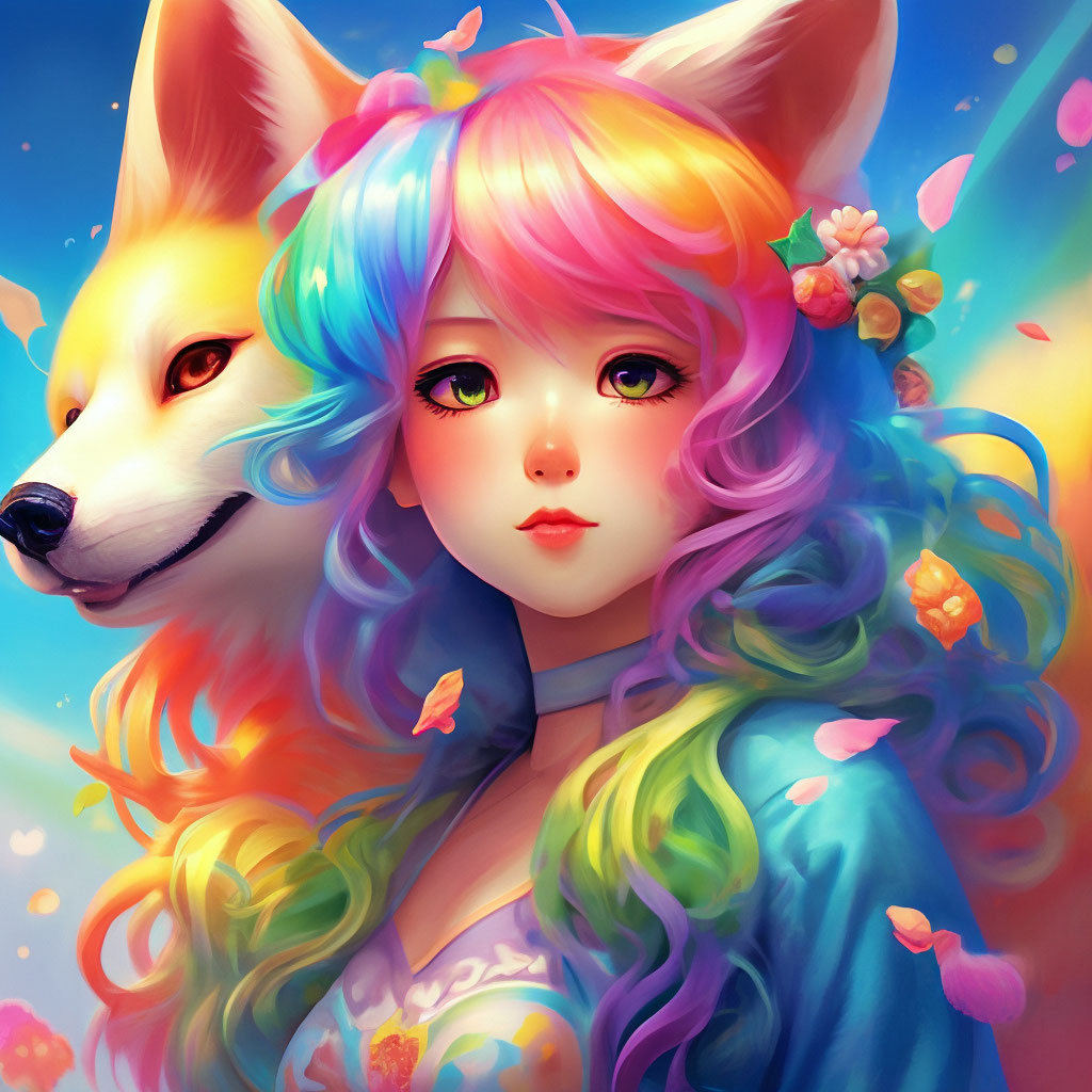 "Rainbow kitsune girl" — image created in Shedevrum