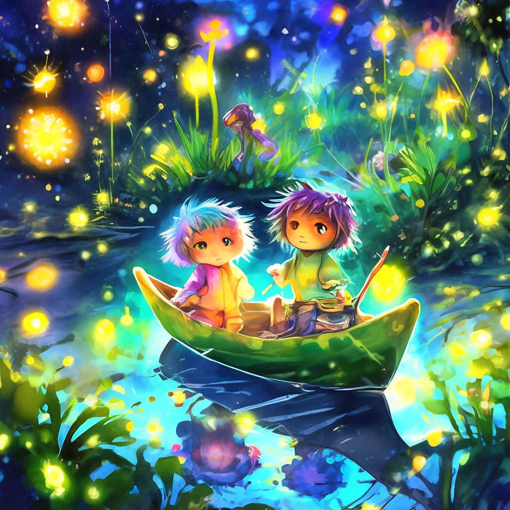 "In a small boat, two fuzzy weirdos are floating far in the background ...