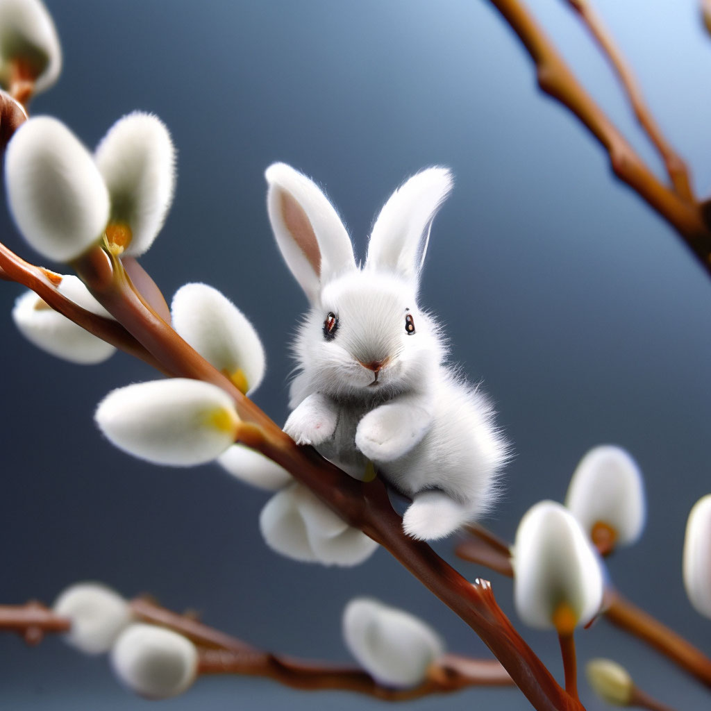 "Palm rabbits on a willow branch there are tiny round fluffy cute gray ...
