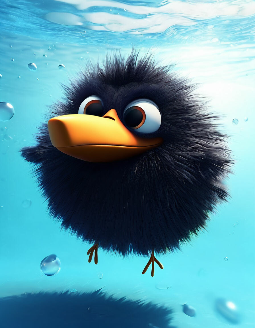 "Flash mob. Spherical cute fluffy cartoon crow with a big thick beak dives …" — image created in ...