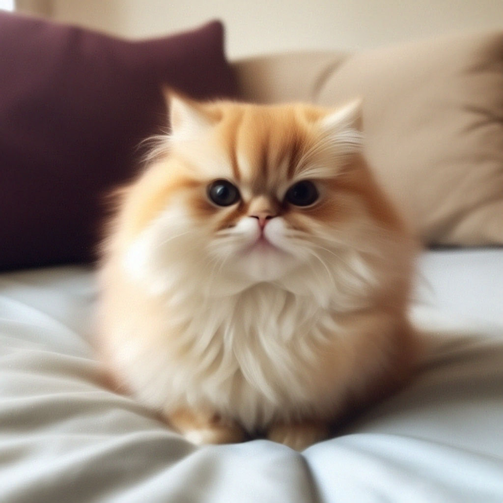 "A mini spherical cat is sitting on the bed" — image created in Shedevrum