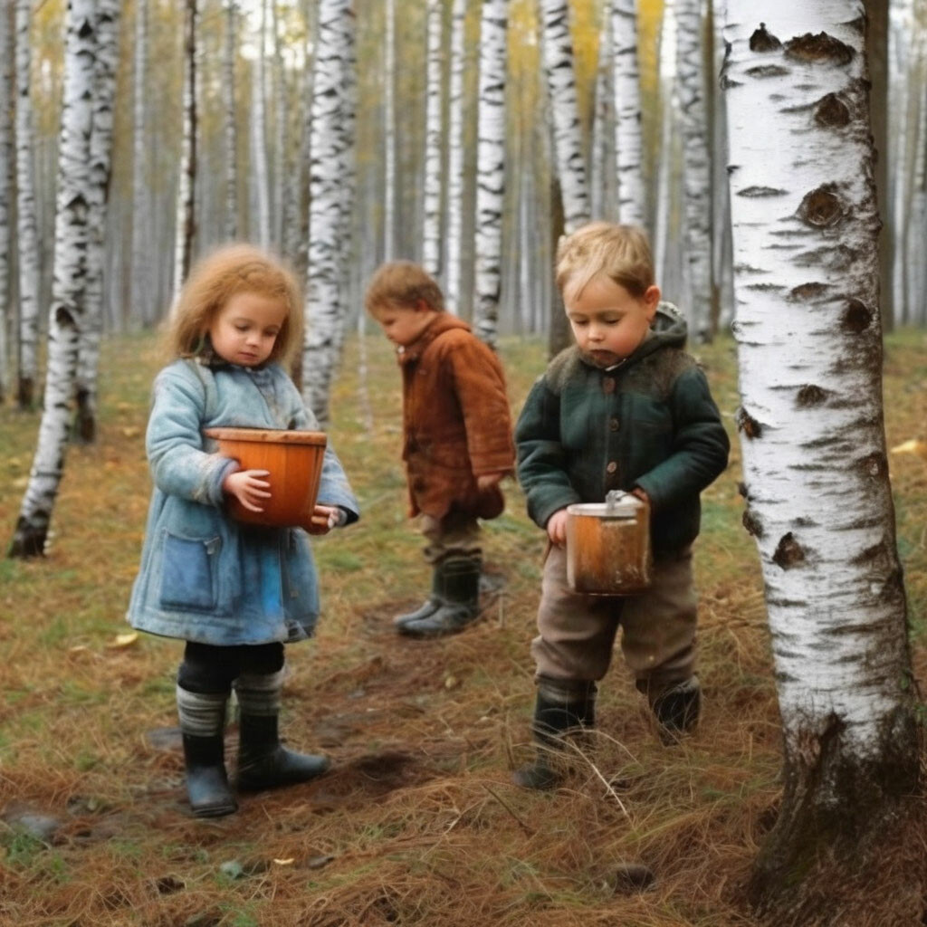 "Children collect birch sap" — image created in Shedevrum