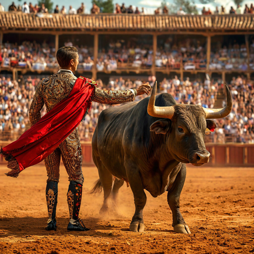 "Bullfighting in Spain, bullfighter with a red cape in his hands ...