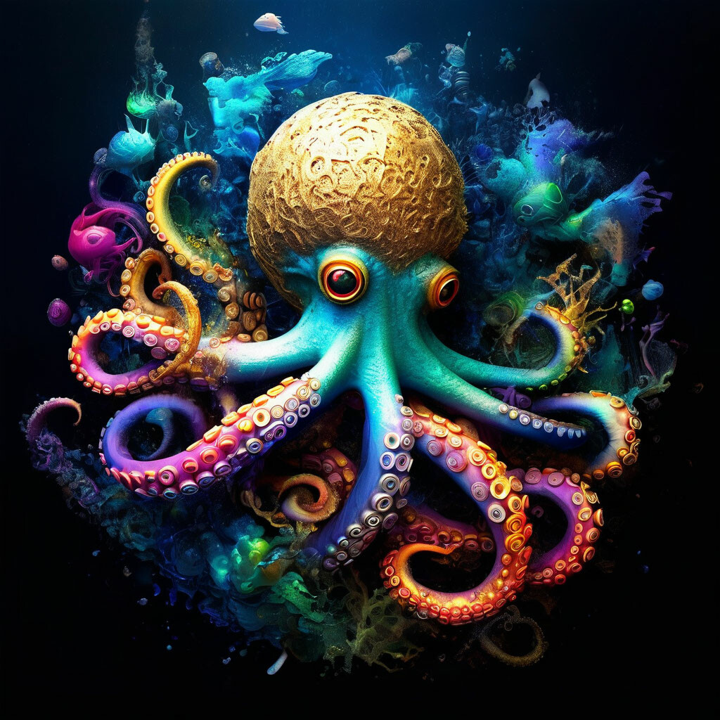 "Marine 3d map, octopus,cyberpunk, dark botanical, fantasy world ...