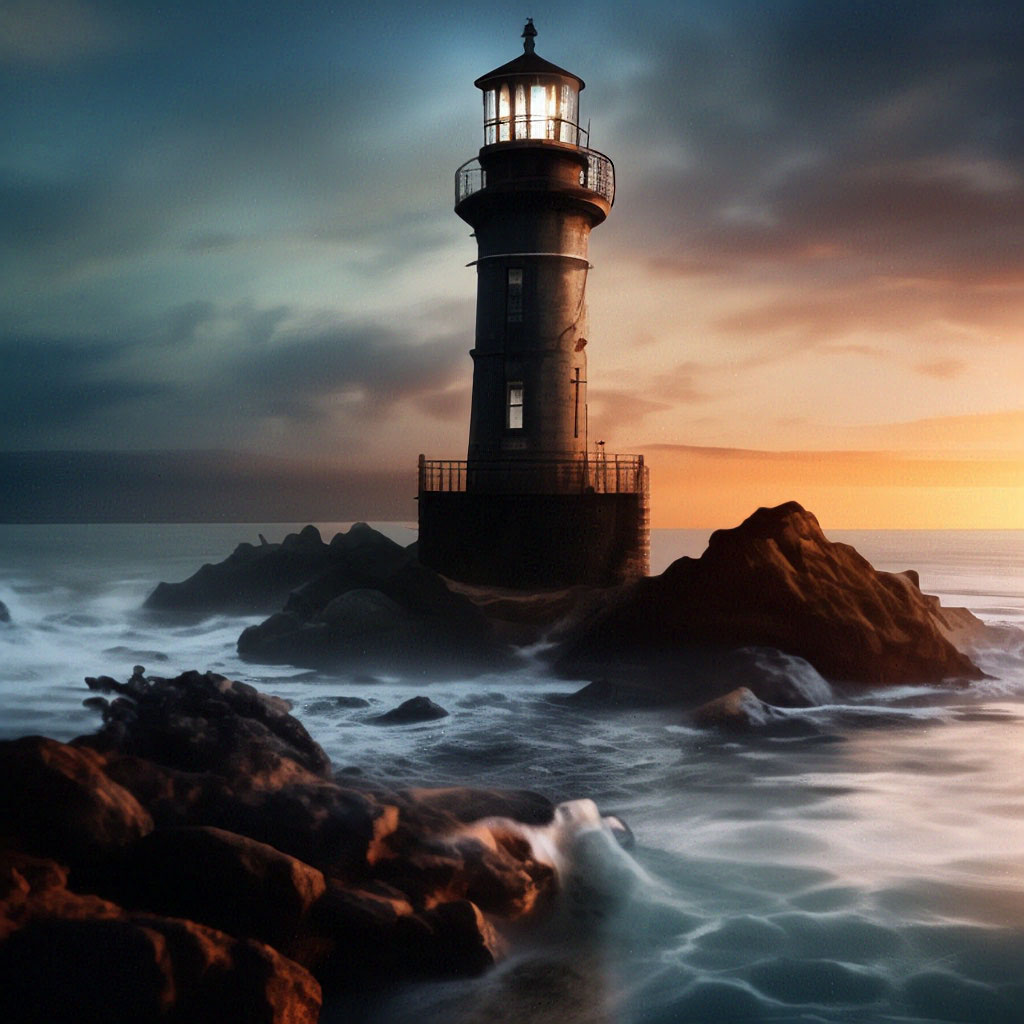 "Lighthouse in the sea, mist, mysticism, flickering, oil strokes are a ...