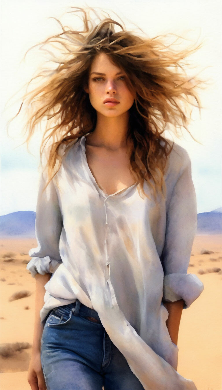 "Beautiful full-length girl, disheveled hair, desert, watercolor, in ...