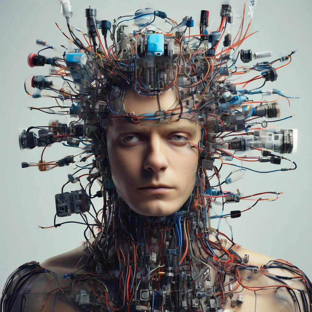 "Human fused with cables and technological devices" — image created in ...