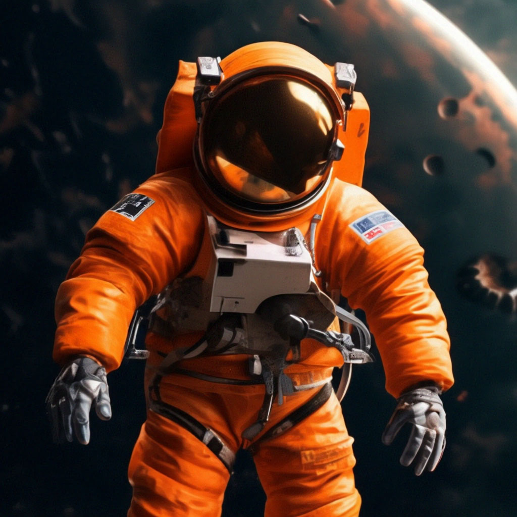 "The orange astronaut in outer space" — image created in Shedevrum