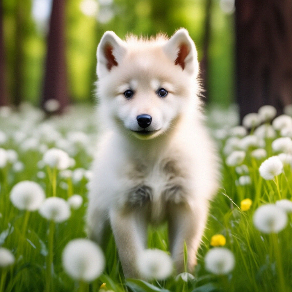 "A white fluffy wolf cub in full …" — image created in Shedevrum