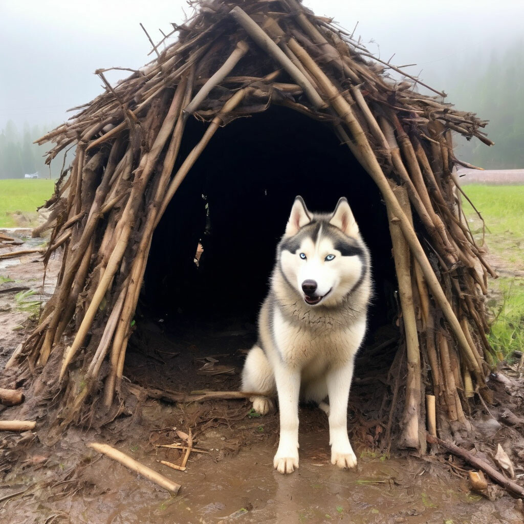 "The husky dog built himself a house …" — image created in Shedevrum