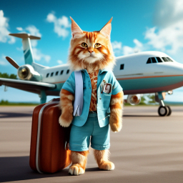 «The red-haired cat Maikun in Panama shorts and a shirt with a suitcase ...