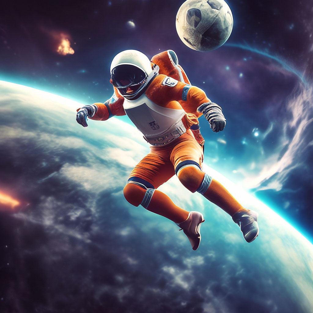 "A space soccer player kicks a planet in space" — image created in ...
