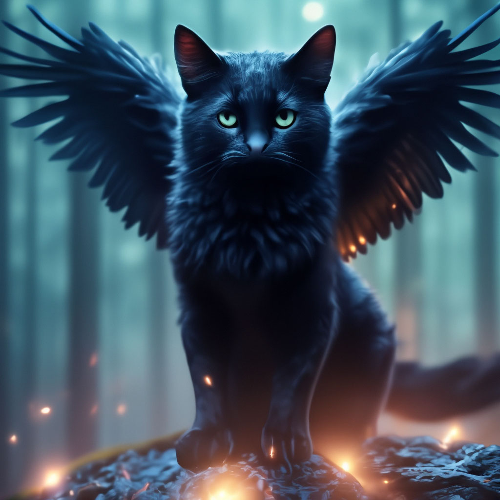 "Realistic Magical mystical black familiar cat with black wings in a ...
