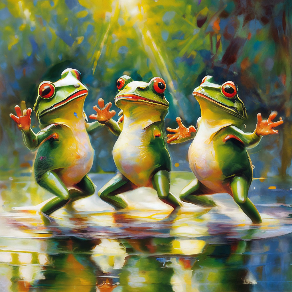 "Three frogs dancing" — image created in Shedevrum