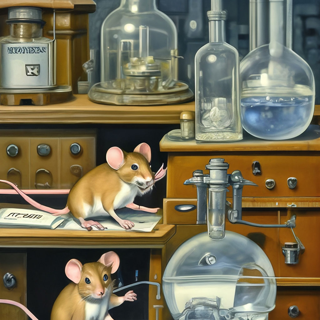 "In the foreground, a mutant laboratory mouse escapes from the cup ...