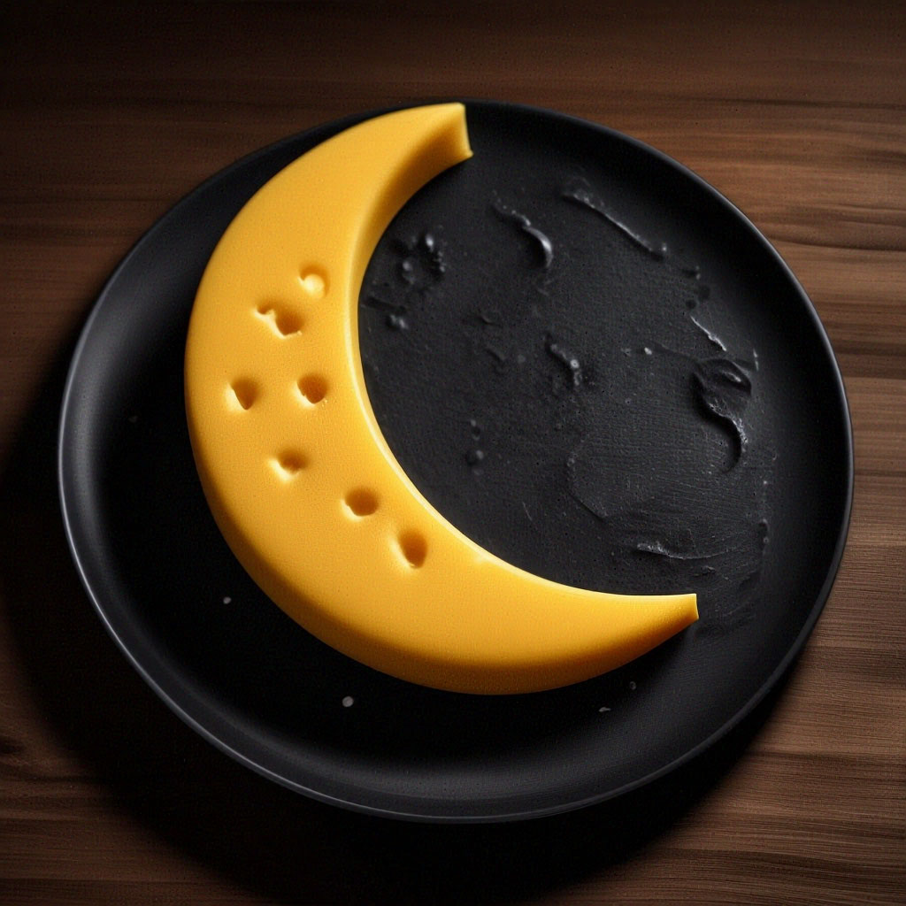 Crescent Moon made of cheese in a plate, the plate is decorated like a ...