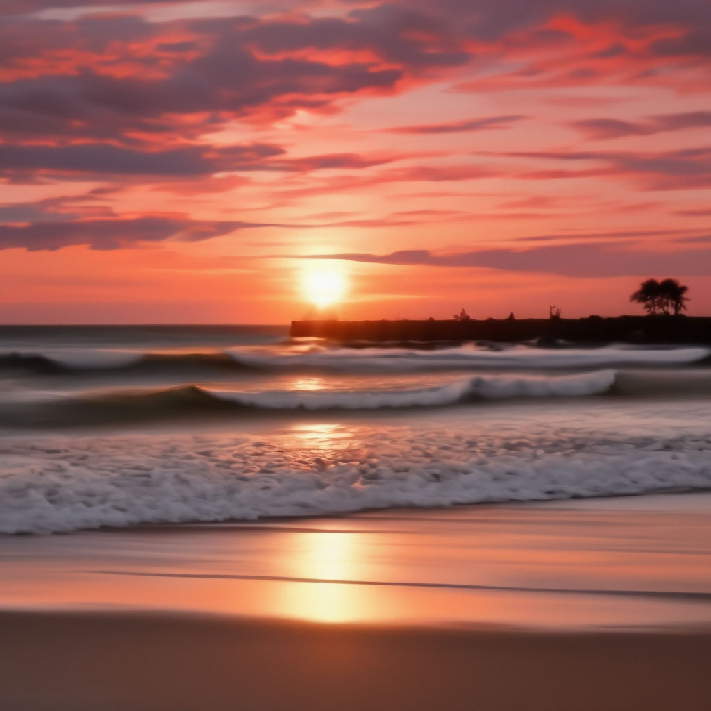 "Early morning pink sun , beach , Photorealism 8k," — image created in ...