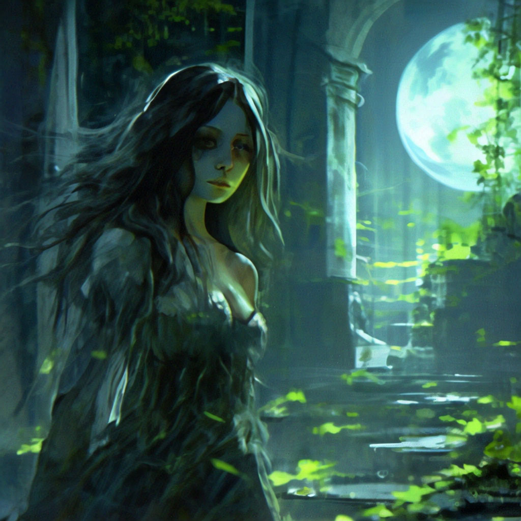 "Ghost of a girl, crypt, moonlight,ivy, moss, fantasy, mysticism ...
