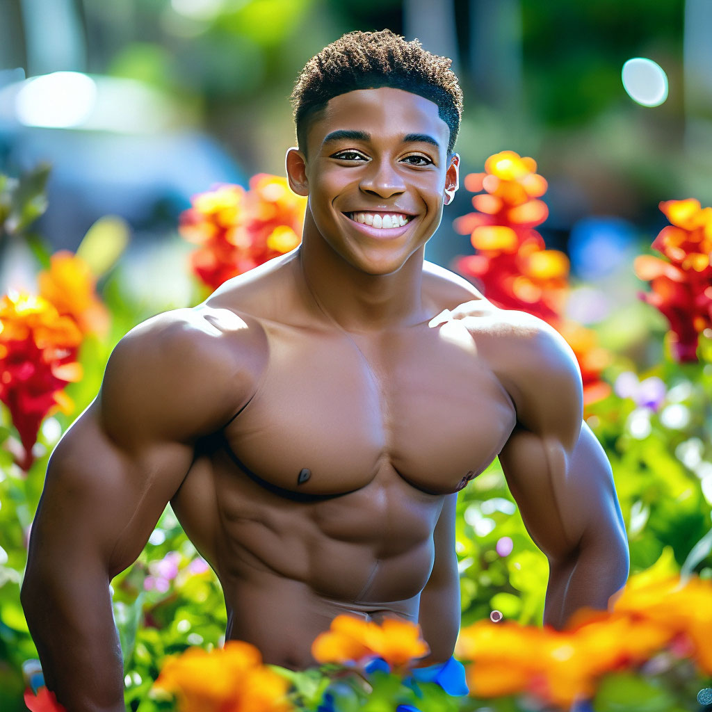 "Among the exotic flowers, a muscular very handsome attractive smiling ...