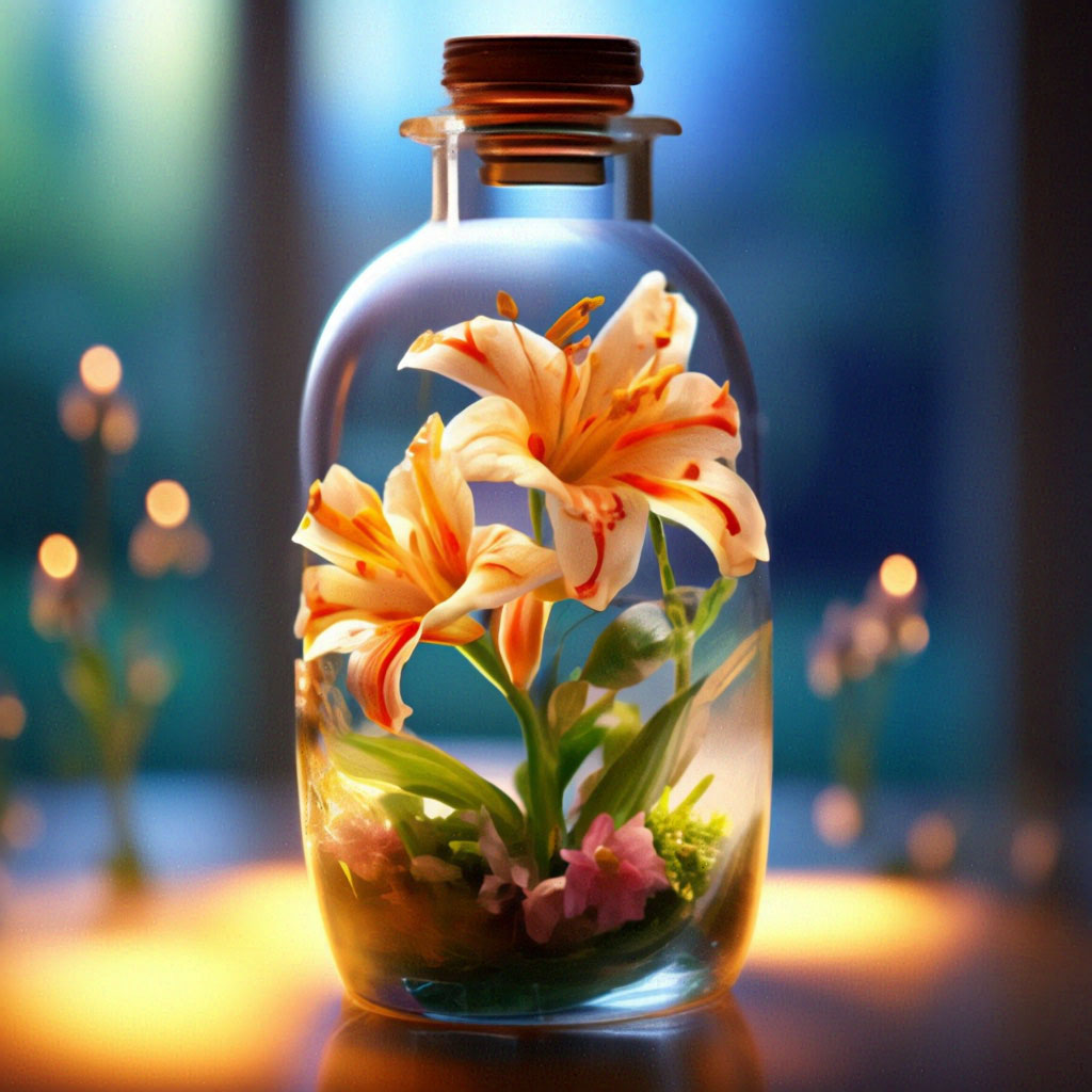 ". florarium in a bottle, lilies, close-up beautiful, hyperrealistic ...