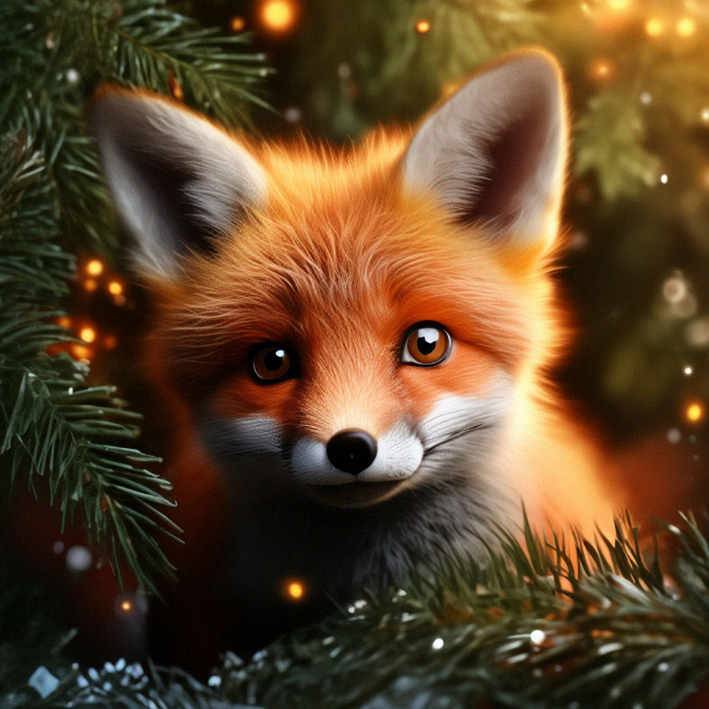 "Cartoon, fox cub looking out from under the branches of a fir tree ...
