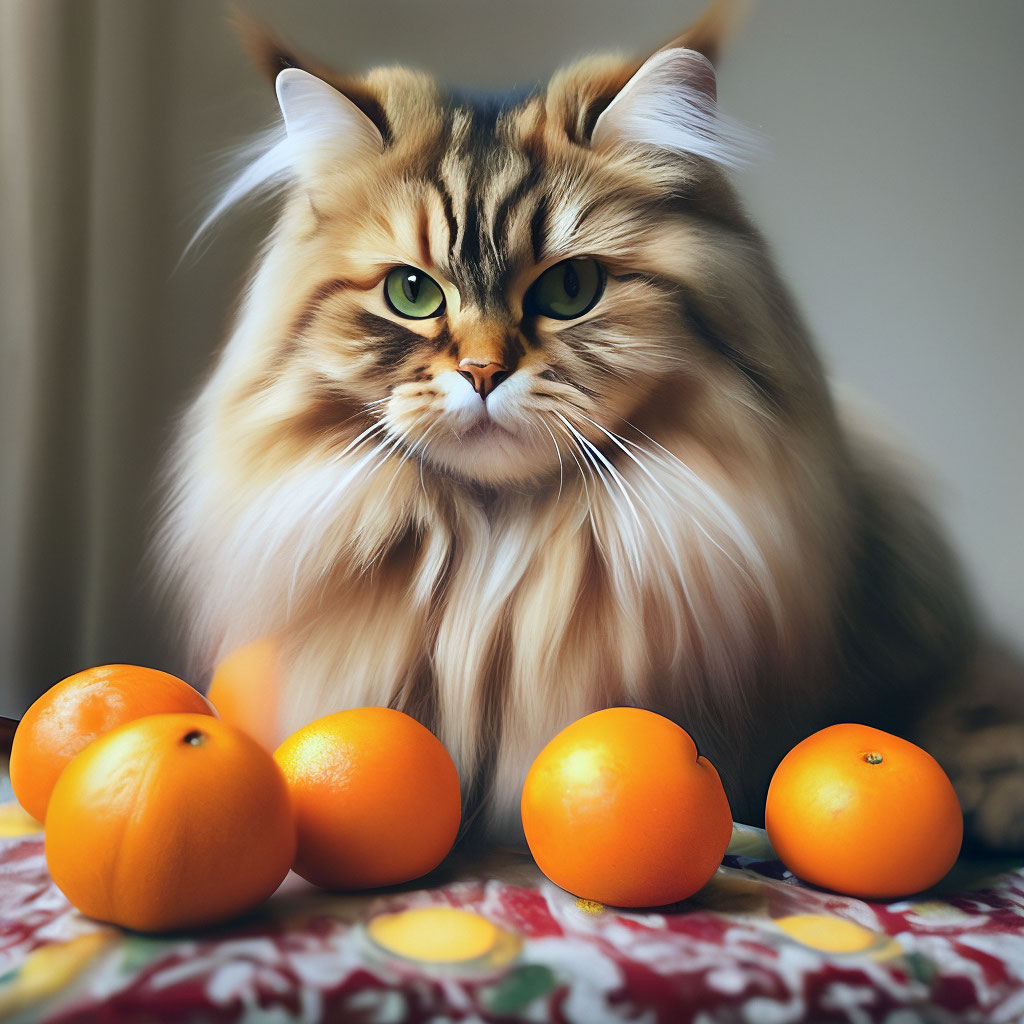 "A fluffy cat eats tangerines" — image created in Shedevrum