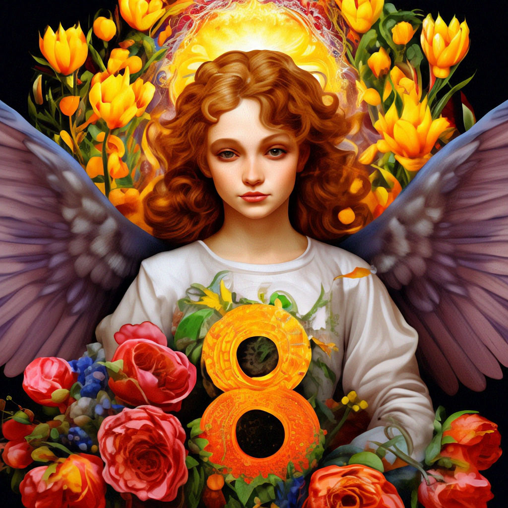 "🌺 a cute angel holds the number eight, 8 in his hands, filigree ...