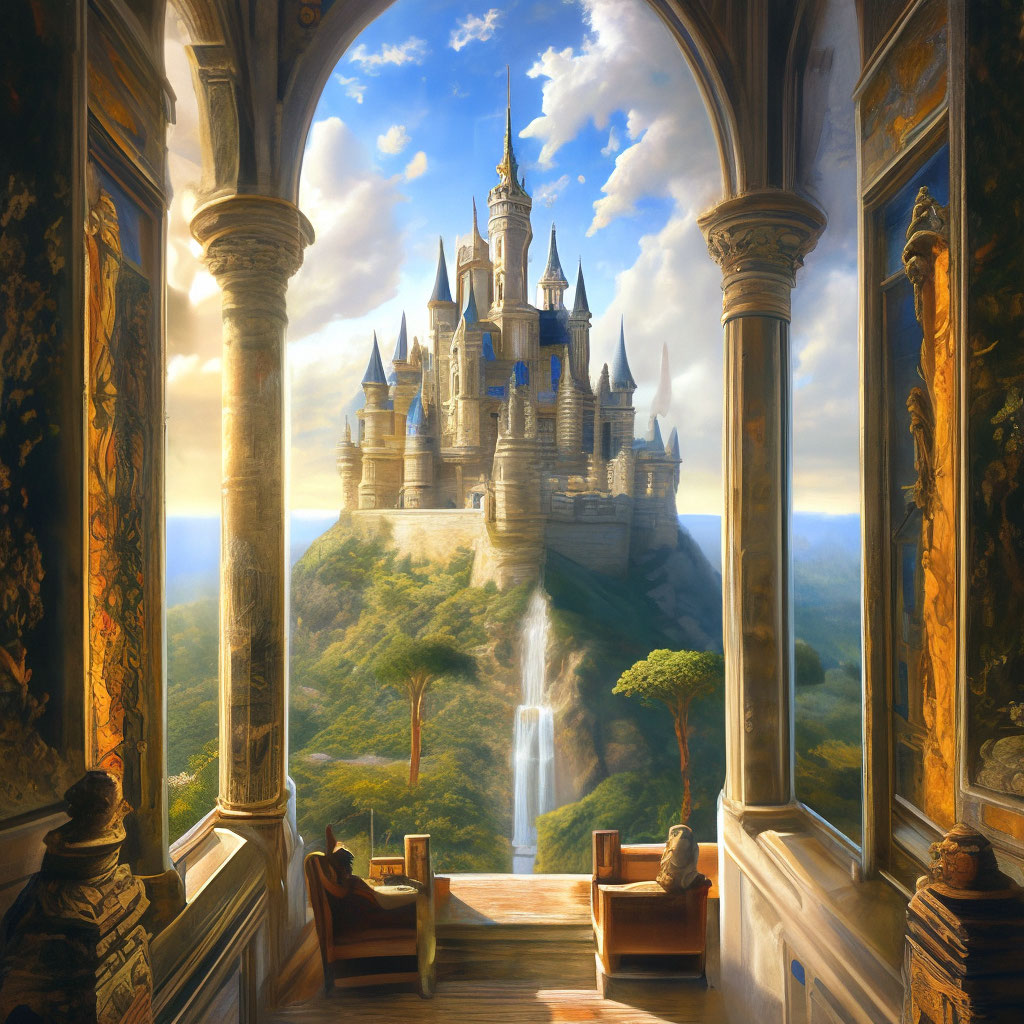"View from inside the castle surrealism" — image created in Shedevrum