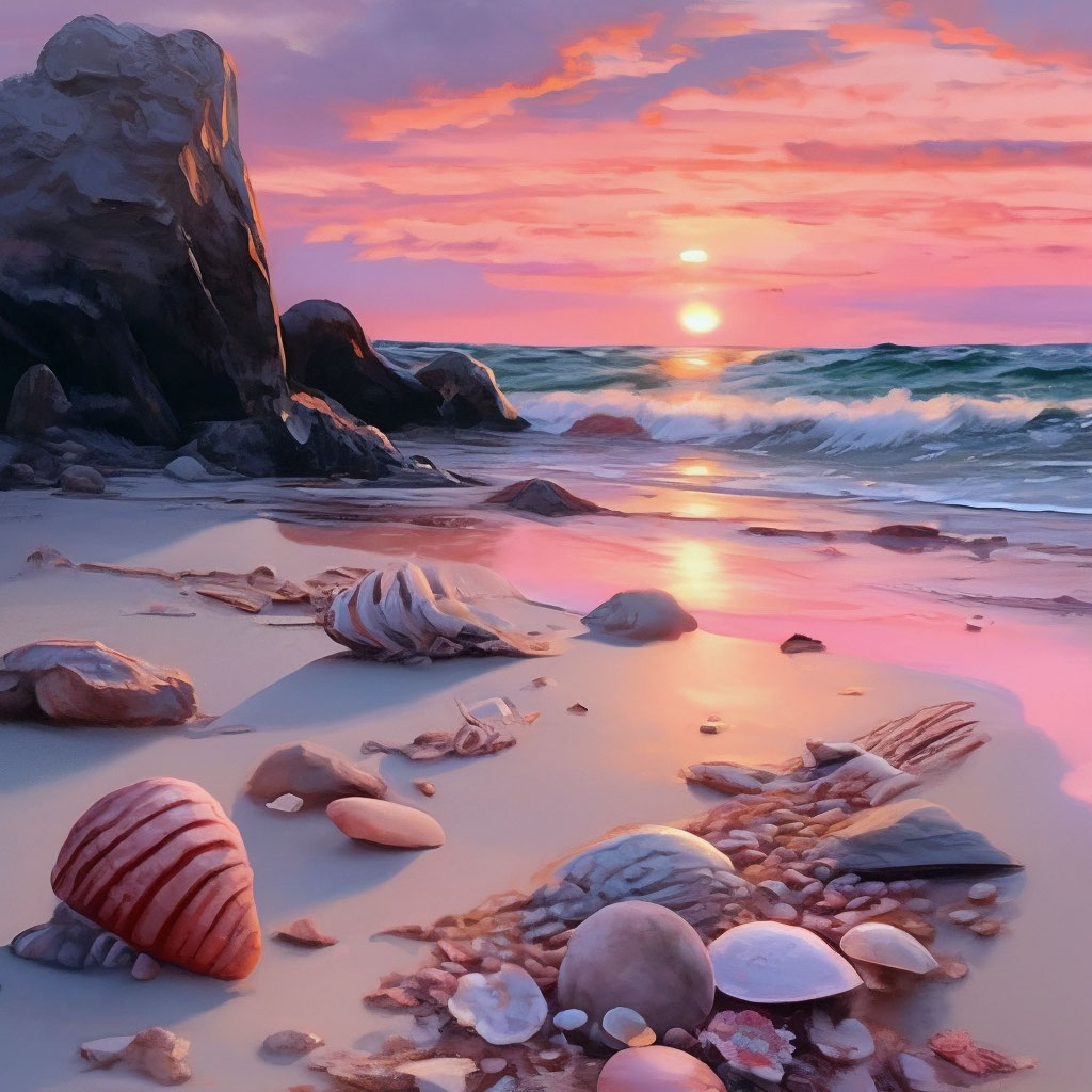 "Sandy beach, seascape, small shells, algae, pink sunset, soft muted lighting…" — image created ...
