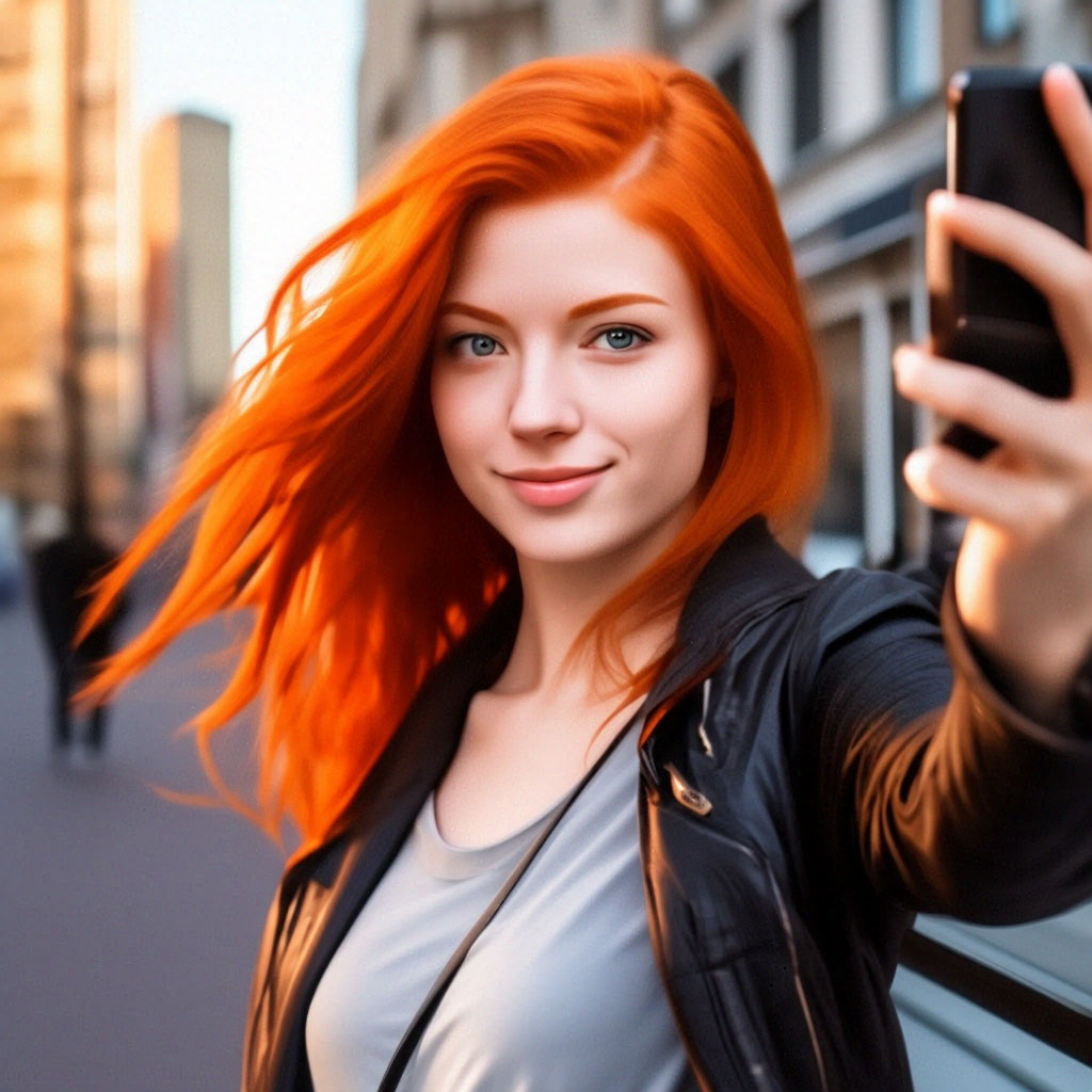 "The background is an urban landscape, a red-haired girl takes a selfie ...