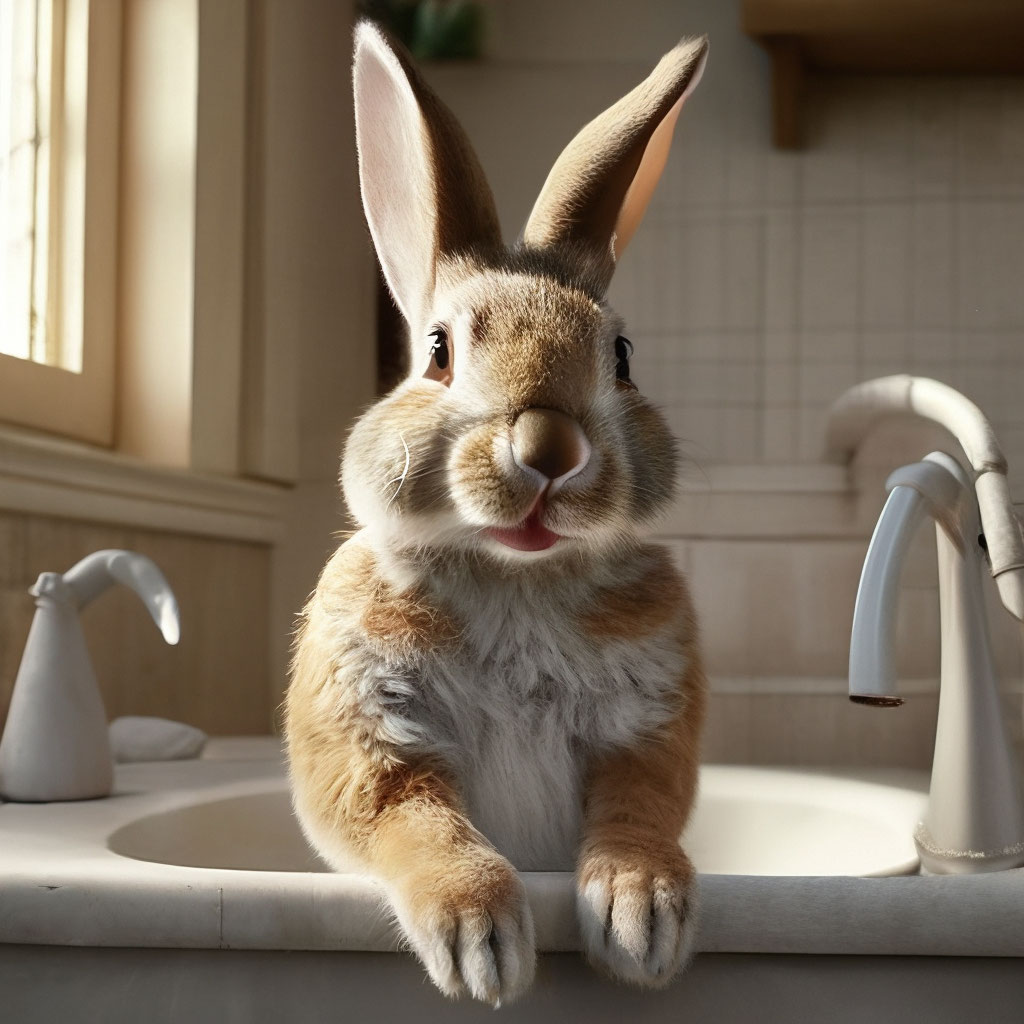 "Realistic rabbit washes his face" — image created in Shedevrum