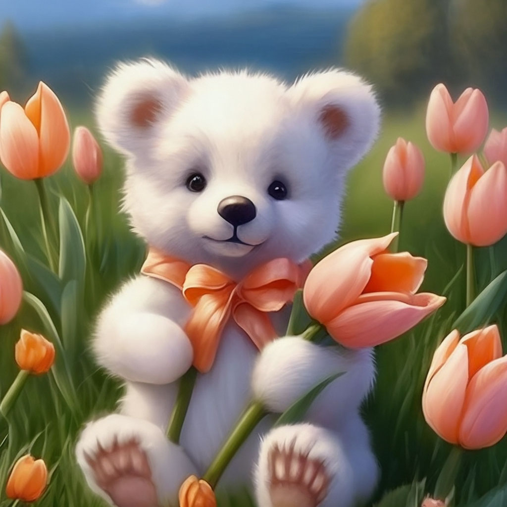 ". white cute baby bear with a bouquet of apricot tulips, meadow ...