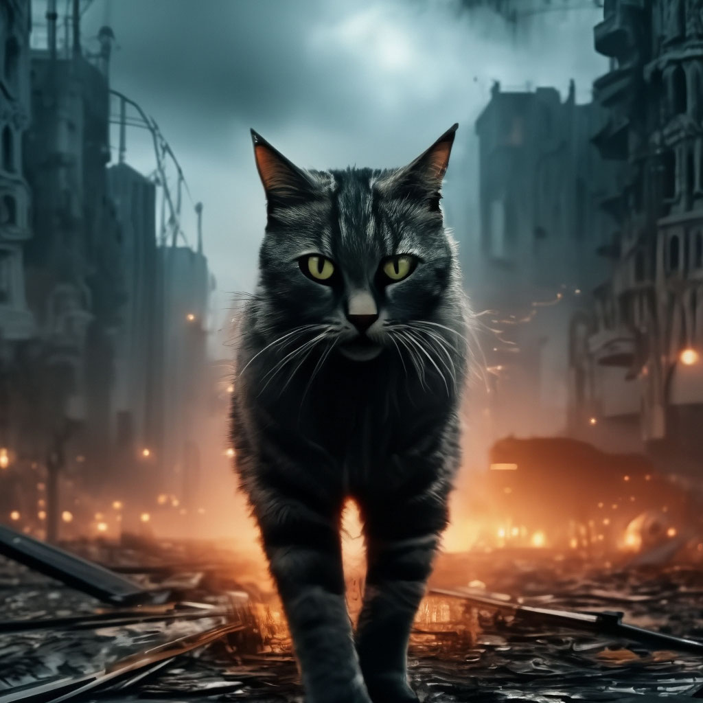 "A mutant cat walks around the city at…" — image created in Shedevrum