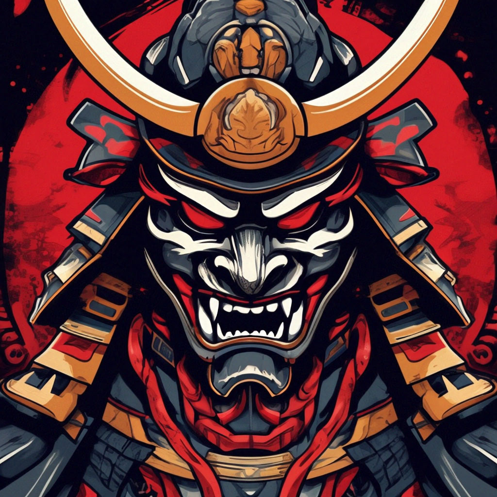 "Japanese samurai picture illustration with mask and fangs" — image ...