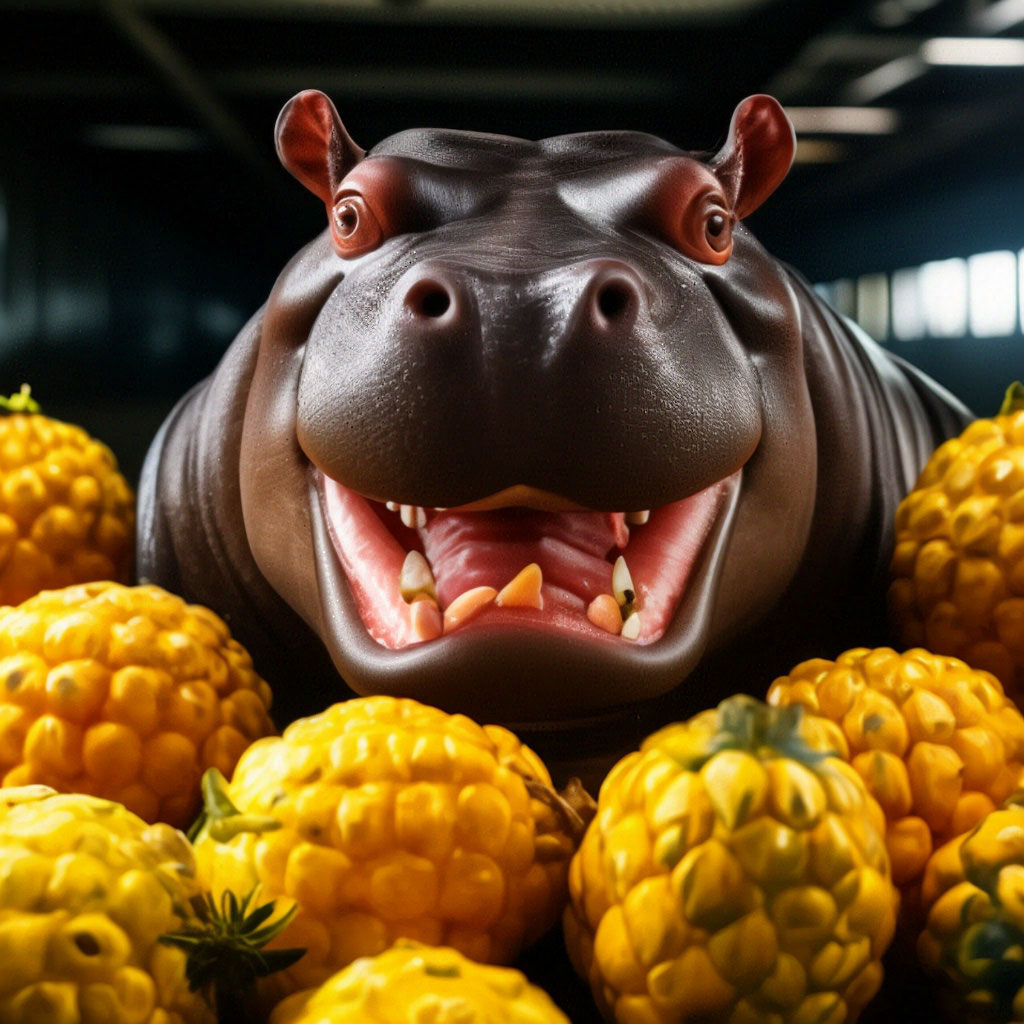 "Avatar, a hippo with pineapple and bananas and a car in his mouth ...