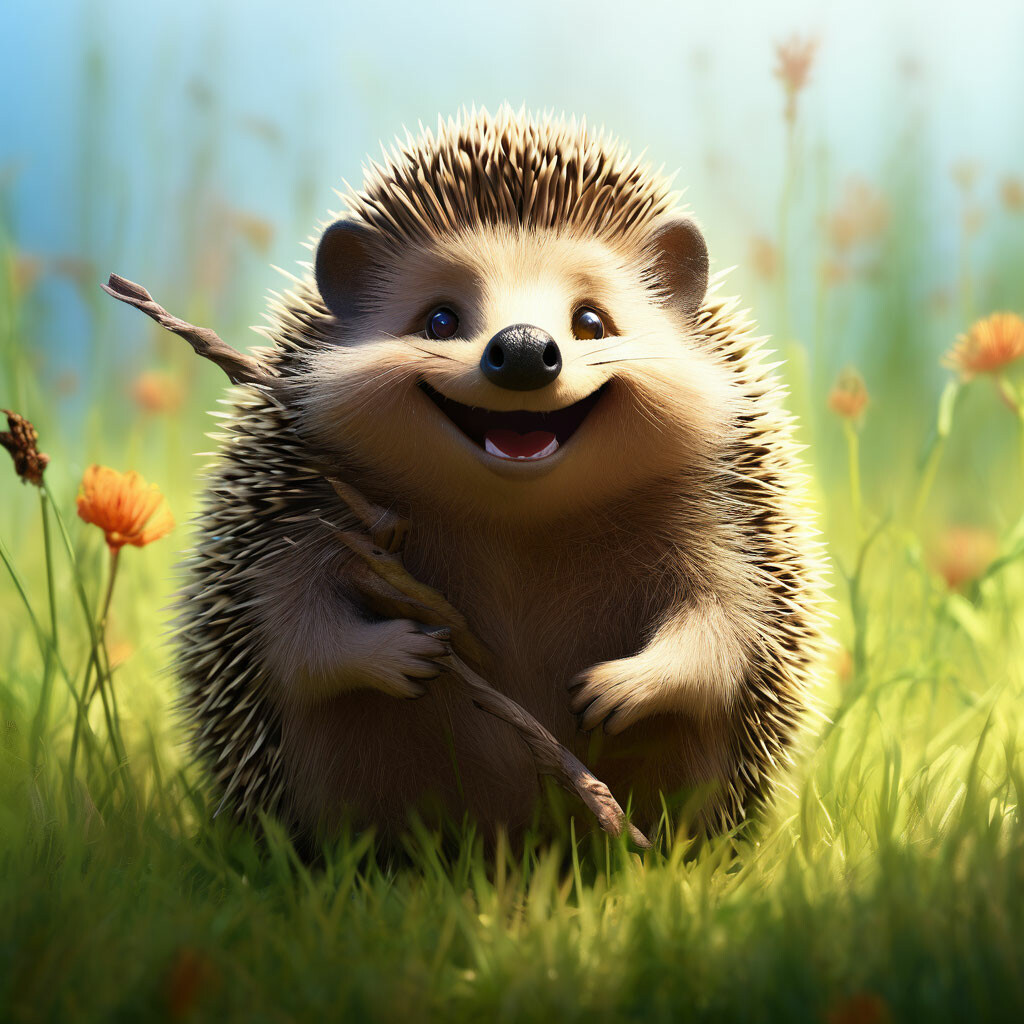 "A beautiful smiling hedgehog with a twig in his paw sitting on the ...