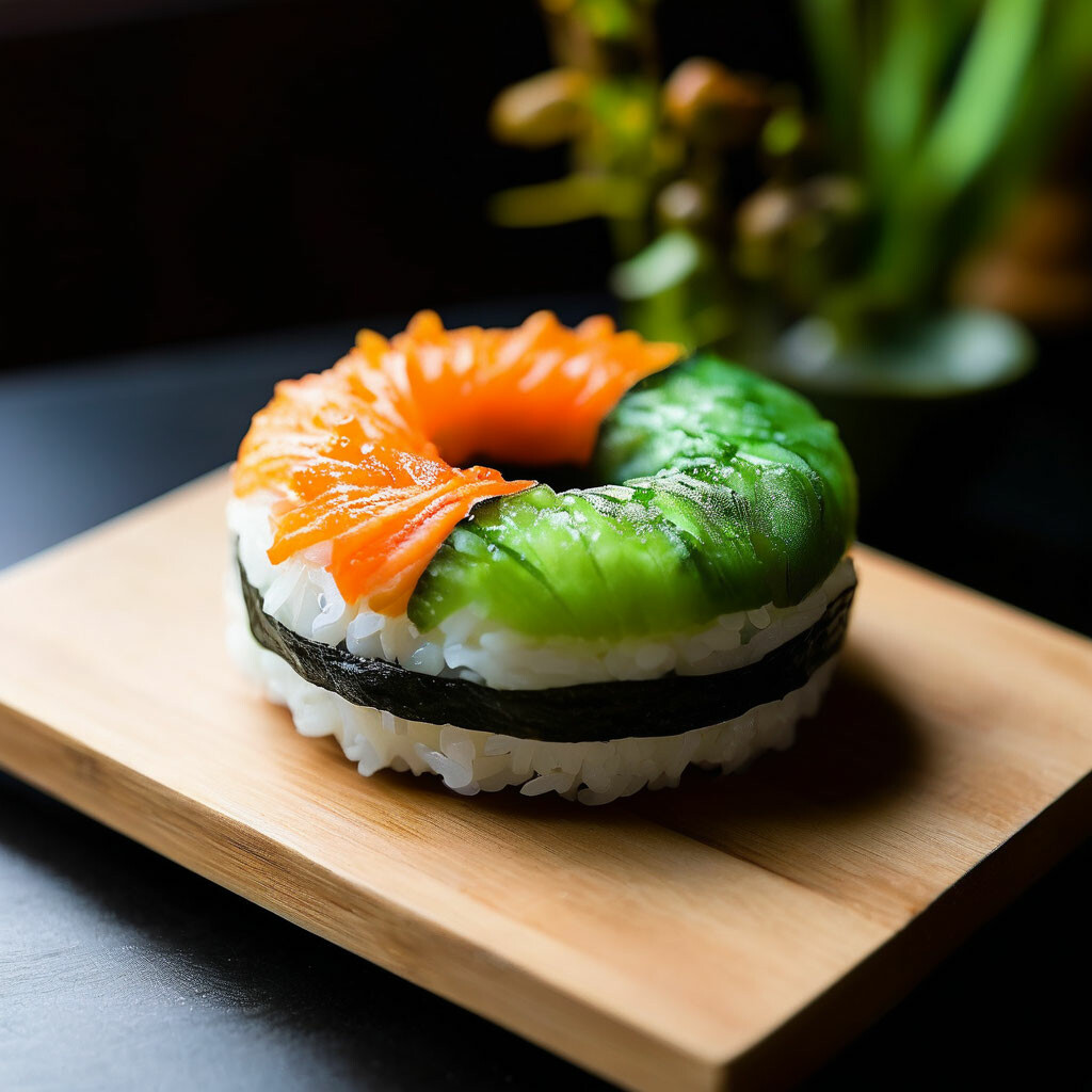 "🍩 sushi-style donut, Japan, on a wooden board, nori, wasabi, ginger ...